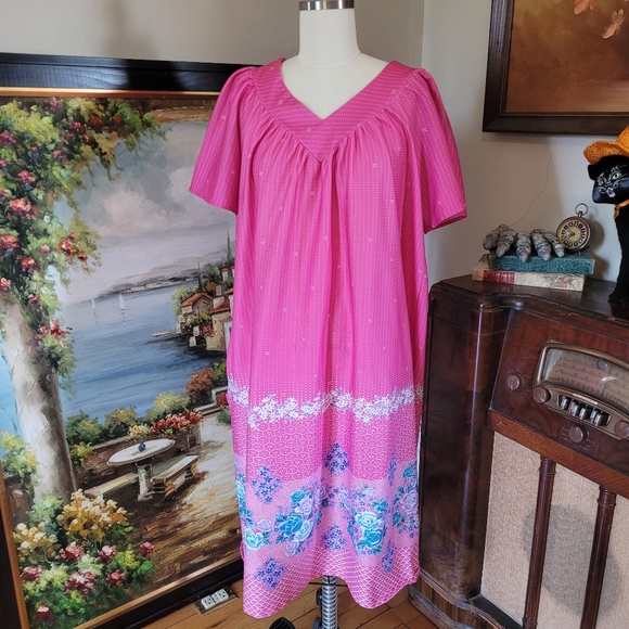 Vintage | Dresses | Vintage Pink Mu Mu House Dress Retro Tiki Large ...